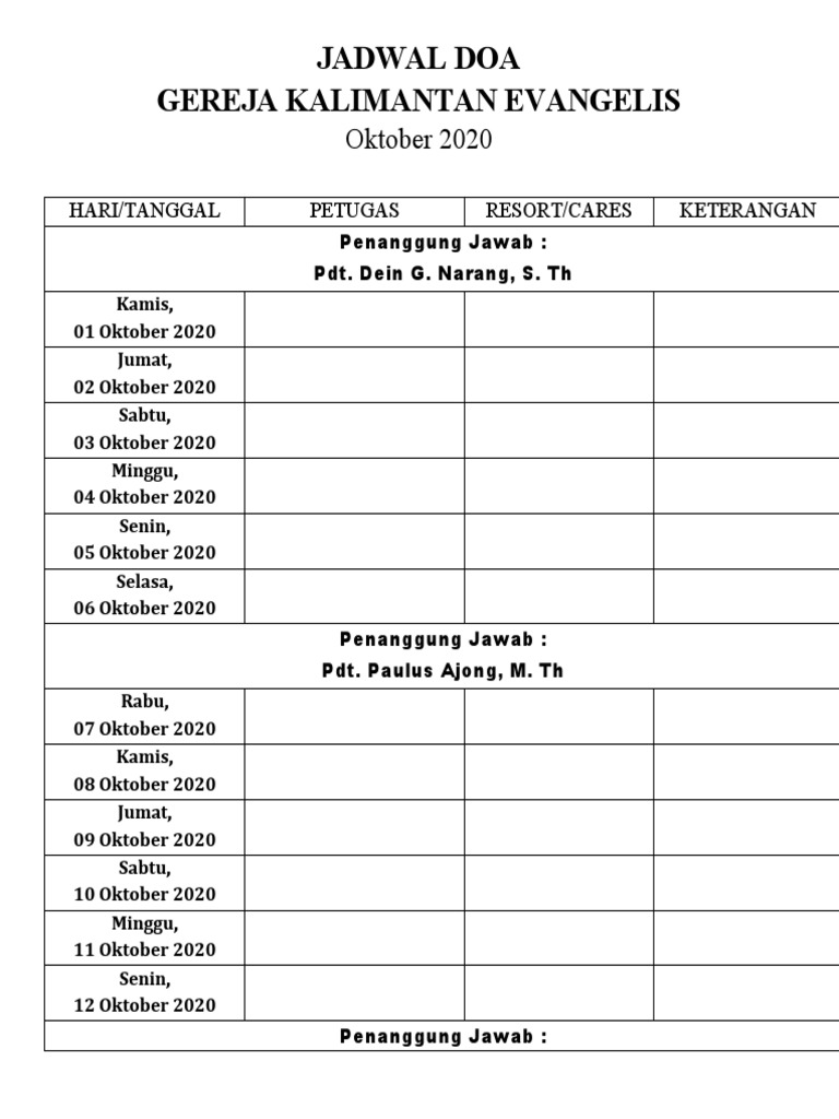 Jadwal Doa Pendeta GKE Oktober - Desember 2020 | PDF