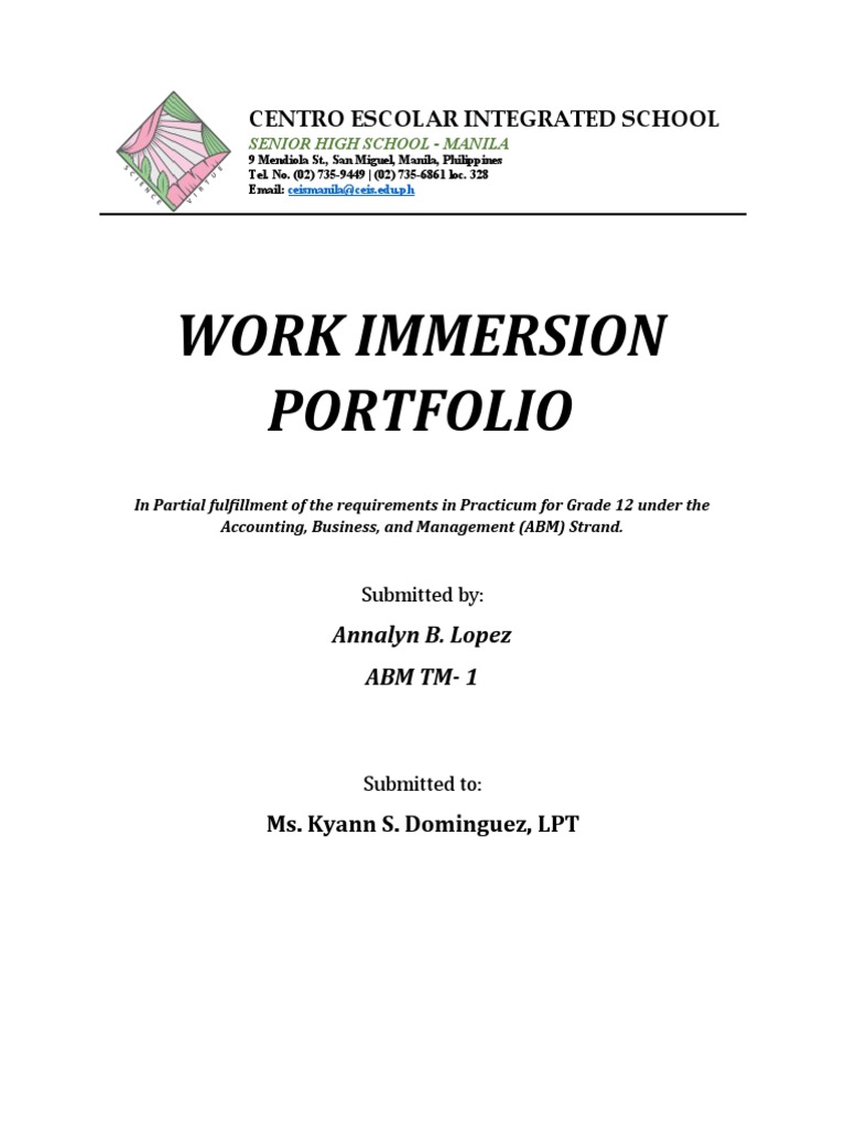 Work Immersion Portfolio: Centro Escolar Integrated School | PDF | Learning | Behavior Modification