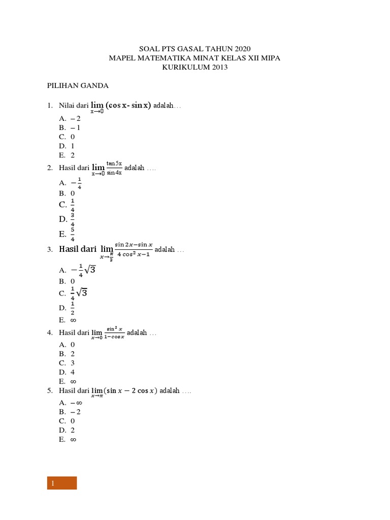 Soal PTS Math Minat Xii 2020 | PDF