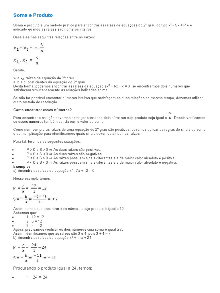 Soma e Produto | PDF | Equação quadrática | Equações