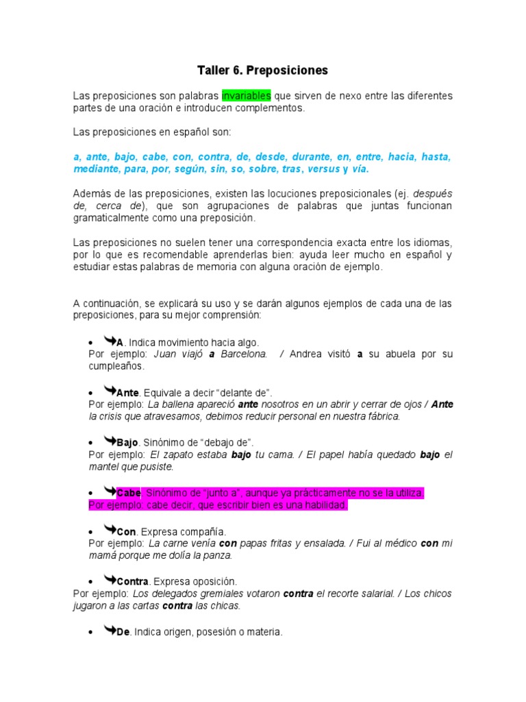 Clase 6. Repaso de Preposiciones | PDF | Preposición y Postposición