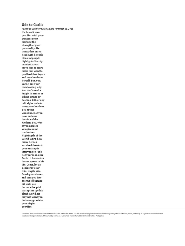 Ode To Garlic: Poetry by Genevieve Mae Aquino - October 16, 2016 | PDF