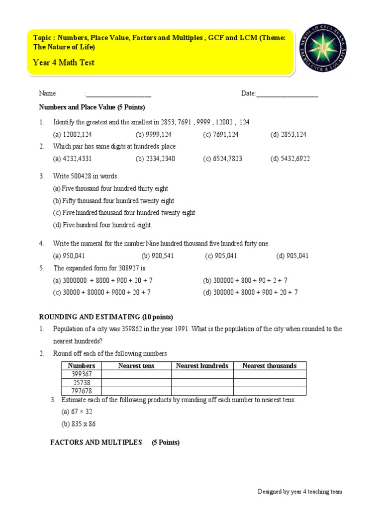 Year 4 Math Test: Topic: Numbers, Place Value, Factors and Multiples ...