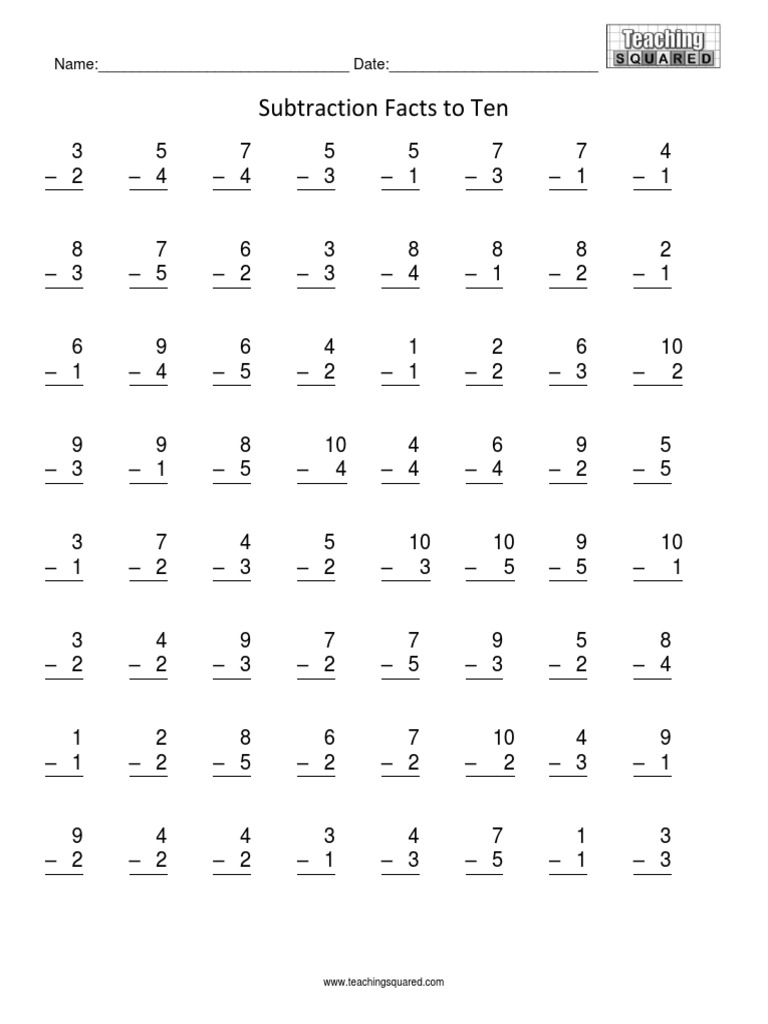 Subtraction Facts To 10 64 E Math Worksheets | PDF