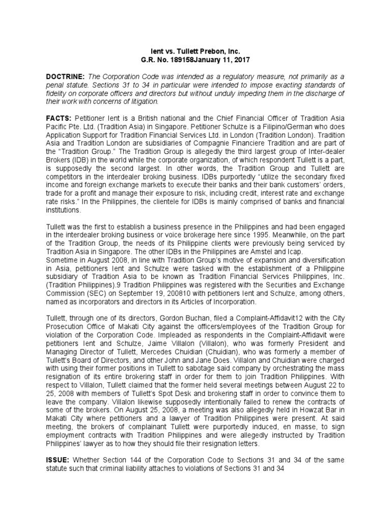 Ient vs. Tullett Prebon Case Summary | PDF | Corporations | Business Law