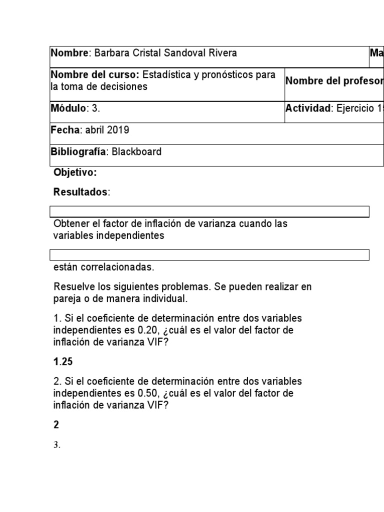 Ejercicio 15 | PDF | Coeficiente de determinación | Multicolinealidad