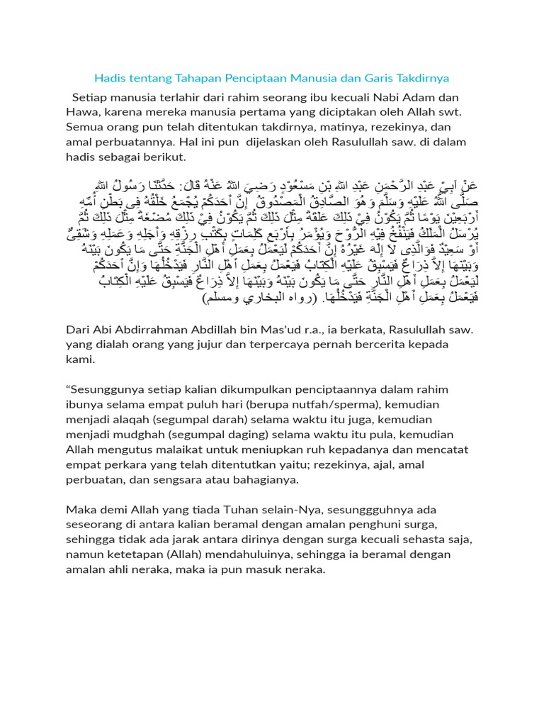 Hadis Tentang Tahapan Penciptaan Manusia Dan Garis Takdirnya | PDF