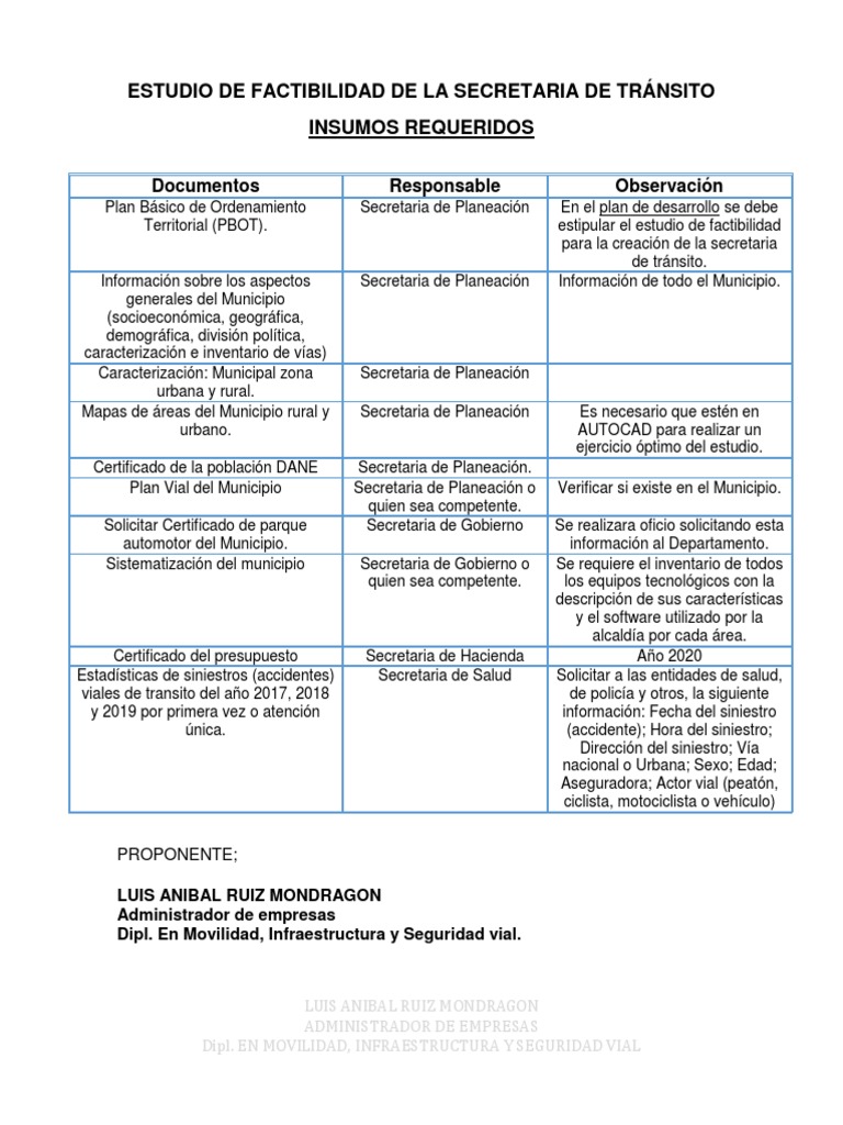 Estudio de Factibilidad de La Secretaria de Tránsito Insumos PDF | PDF | Seguridad vial ...