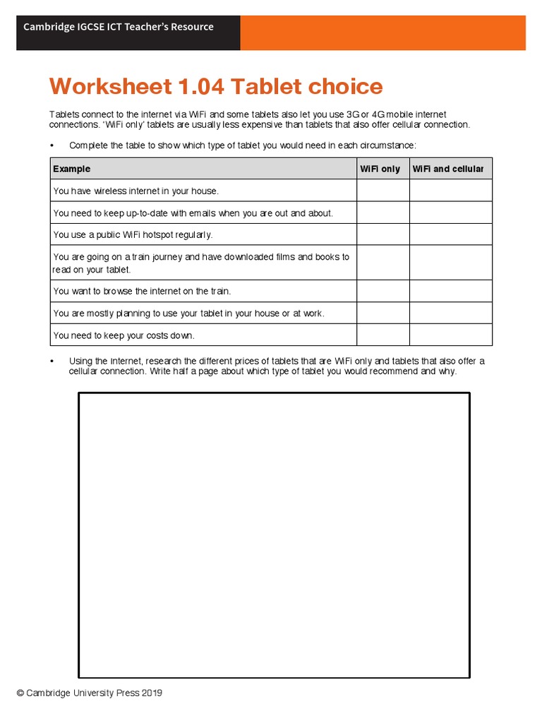Worksheet 1.04 Tablet Choice: Cambridge IGCSE ICT Teacher's Resource | PDF