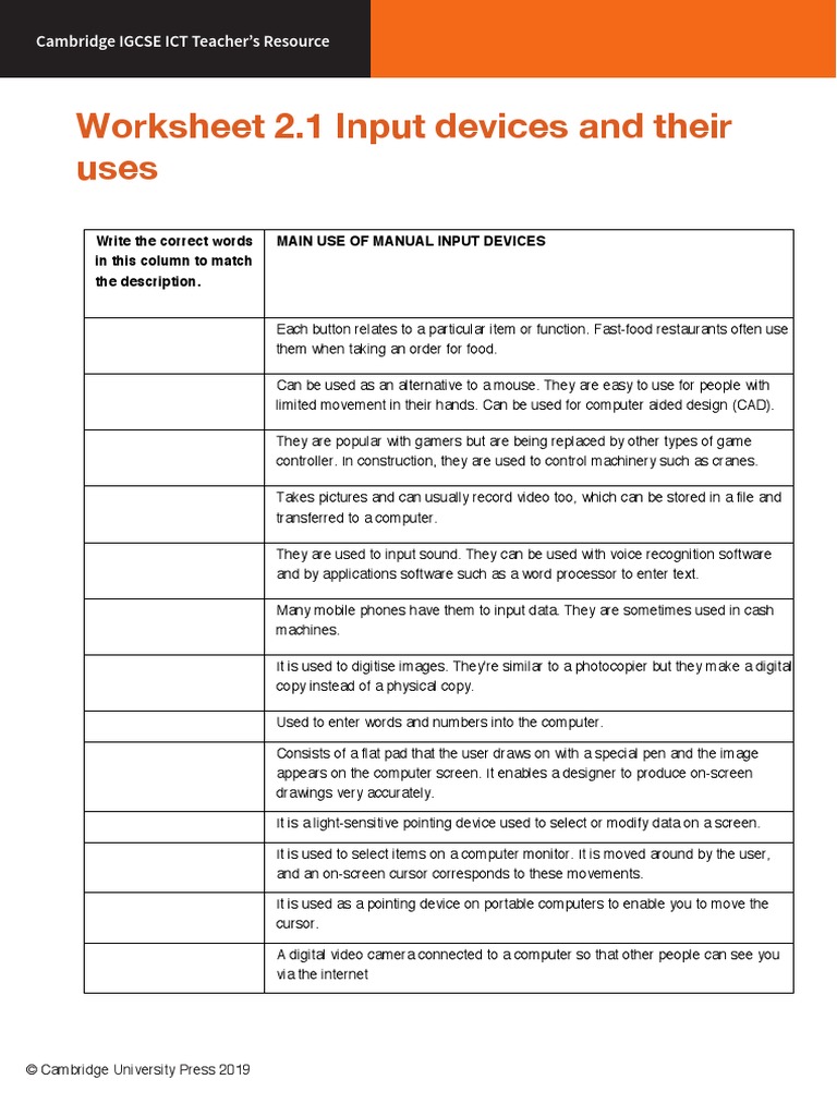 Worksheet 2.1 Input Devices and Their Uses: Cambridge IGCSE ICT Teacher ...
