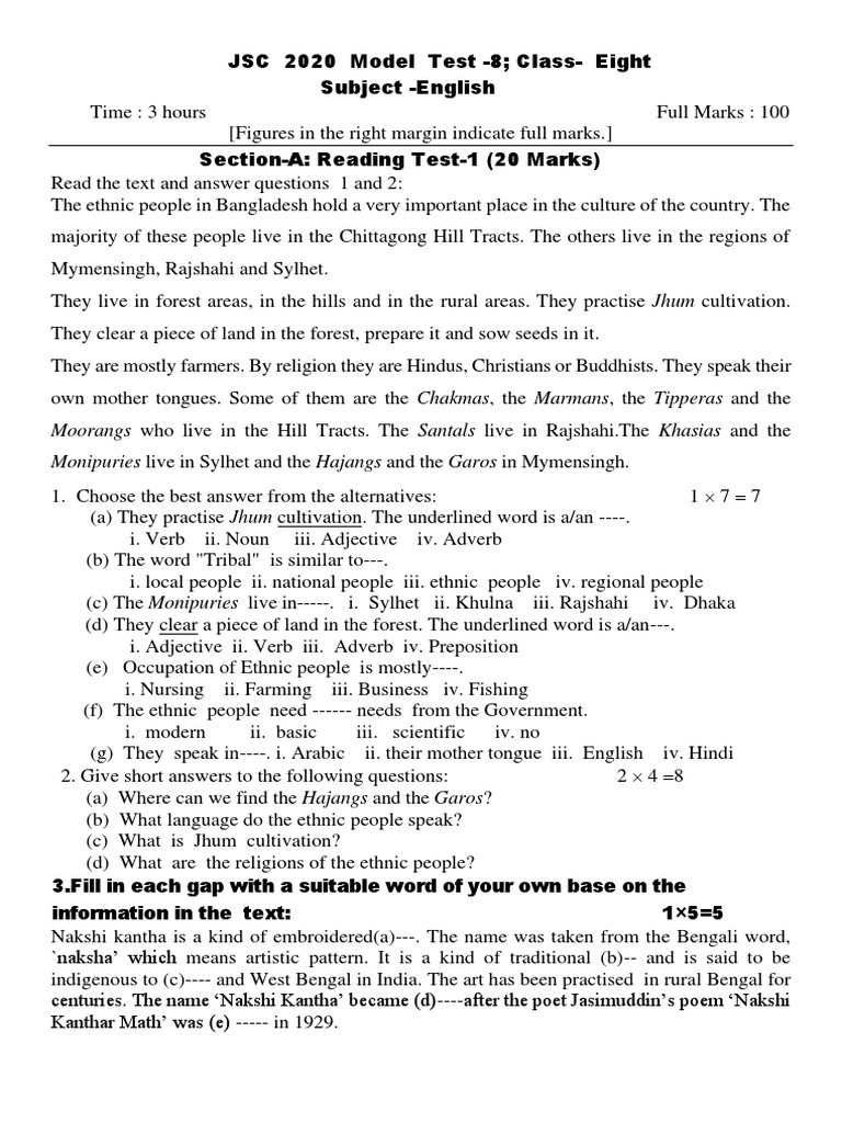 JSC 2020 English Model Test for Class 8 | PDF | Linguistics | Syntax