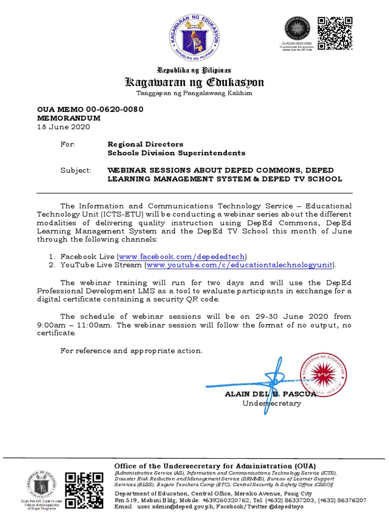 OUA-Memo - 6080 - Webinar Sessions About DepEd Commons, DepEd Learning ... OUA-Memo - 6080 - Webinar Sessions About DepEd Commons, DepEd Learning ...