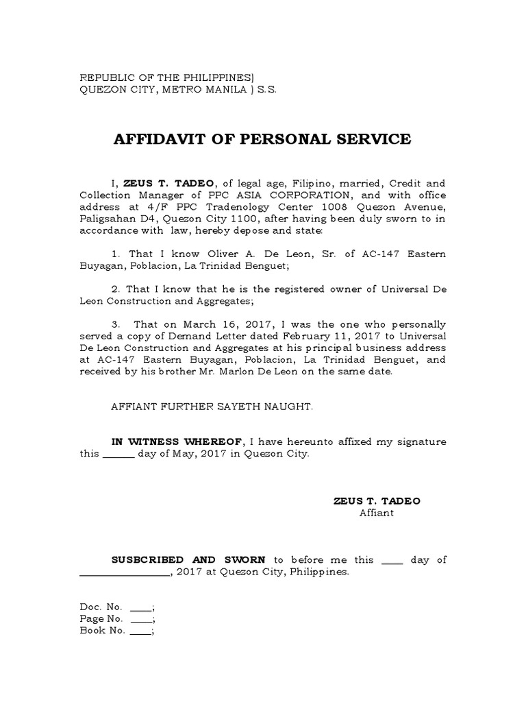 Affidavit of Personal Service Demand Letter Universal De Leon ...