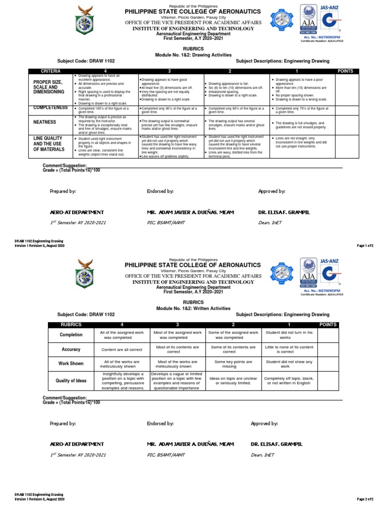 Engineering Drawing Rubrics for DRAW 1102 | PDF | Drawing | Learning