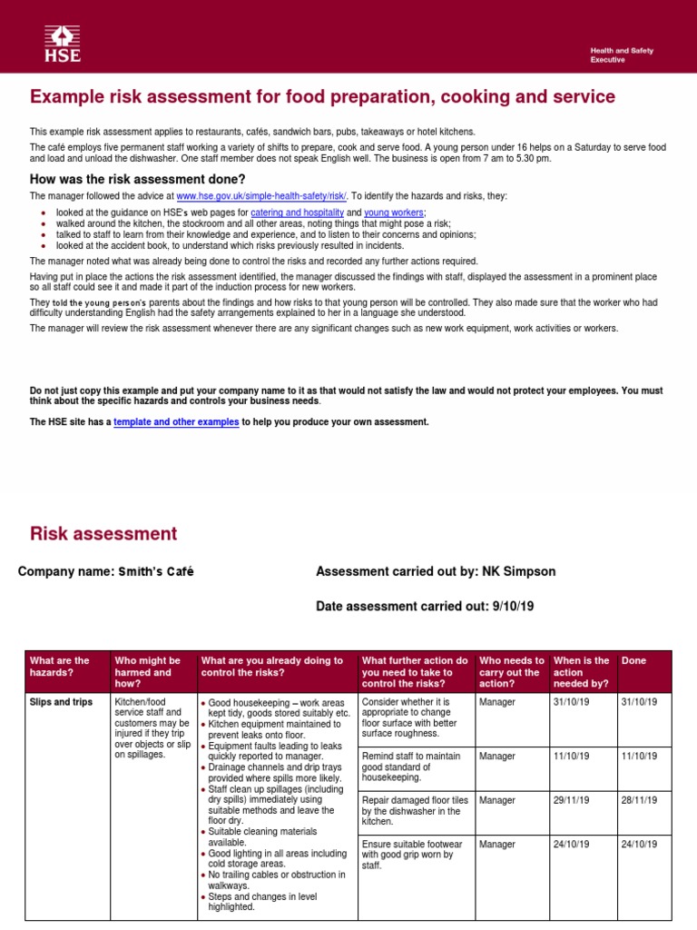 Example Risk Assessment For Food Preparation, Cooking and Service | PDF ...