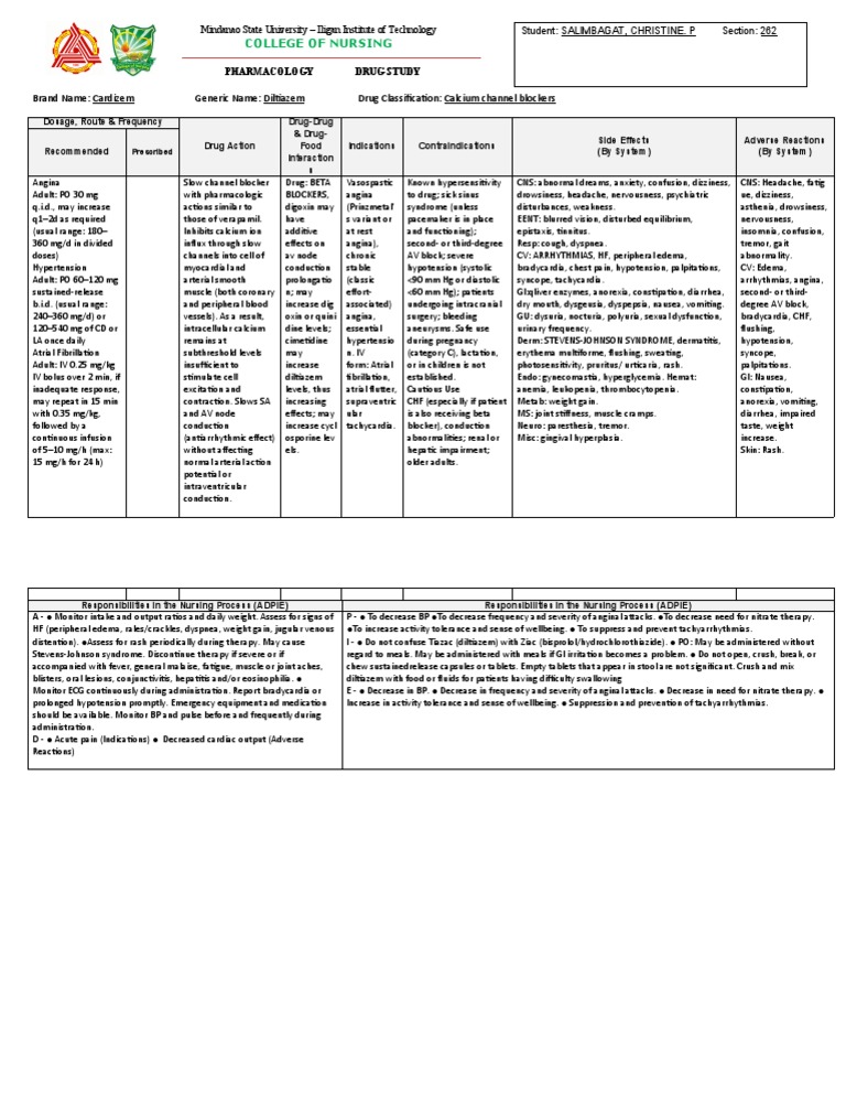 College of Nursing: Brand Name: Cardizem Generic Name: Diltiazem Drug ...