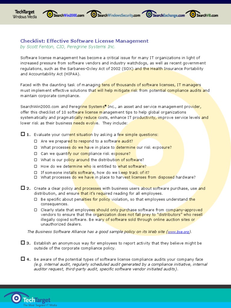 Checklist Software License Management | PDF | Regulatory Compliance ...