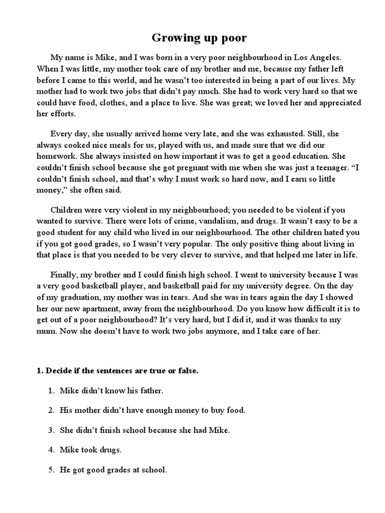 Growing Up Poor: 1. Decide If The Sentences Are True or False | PDF ...