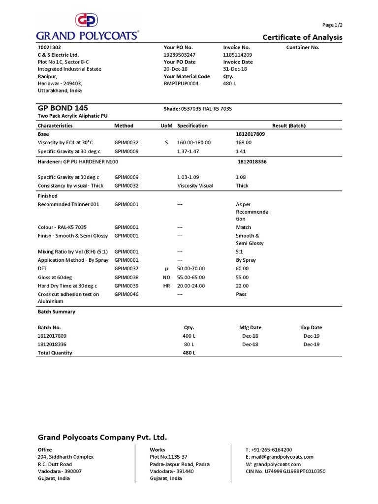 Certificate of Analysis | PDF | Materials | Chemistry