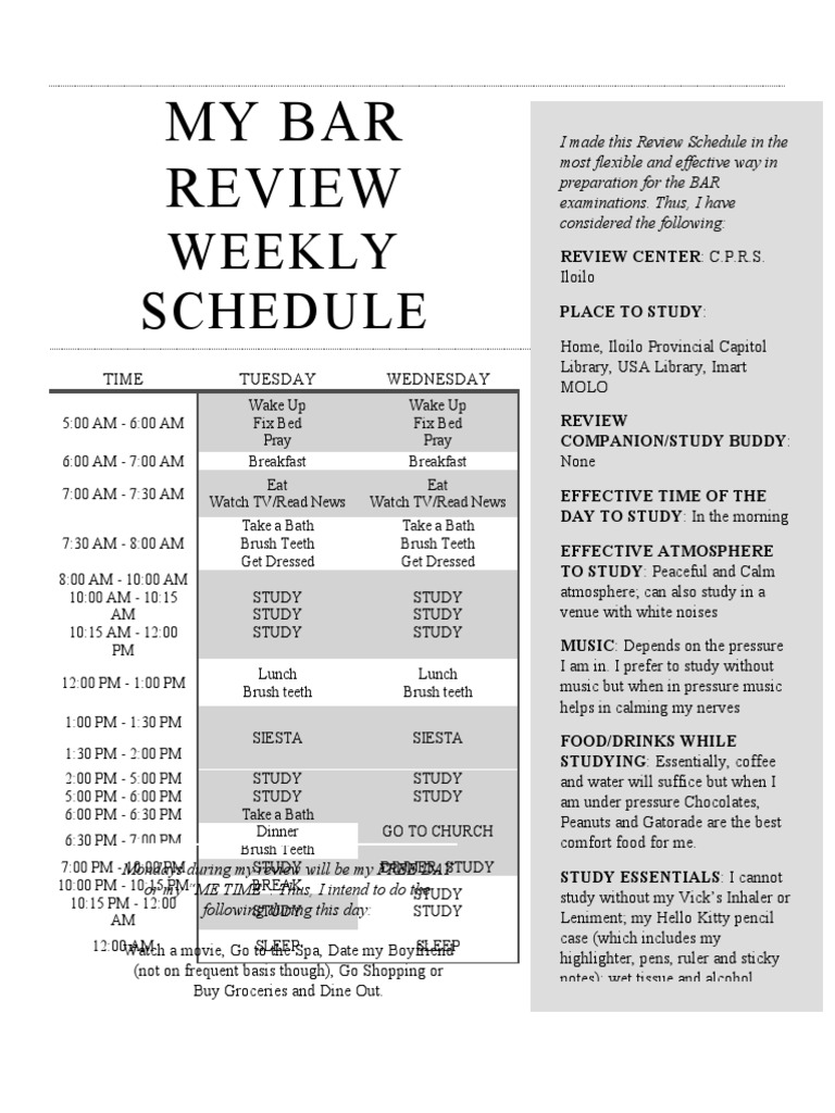 Weekly Schedule: My Bar Review | PDF | Virtue | Public Sphere