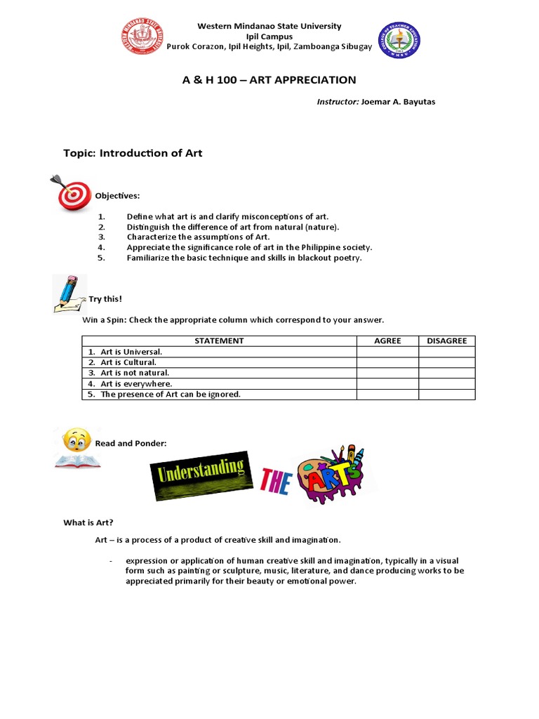 A & H 100 - Art Appreciation: Western Mindanao State University Ipil ...
