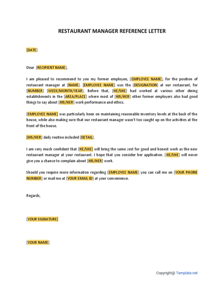 Restaurant Manager Reference Letter | PDF