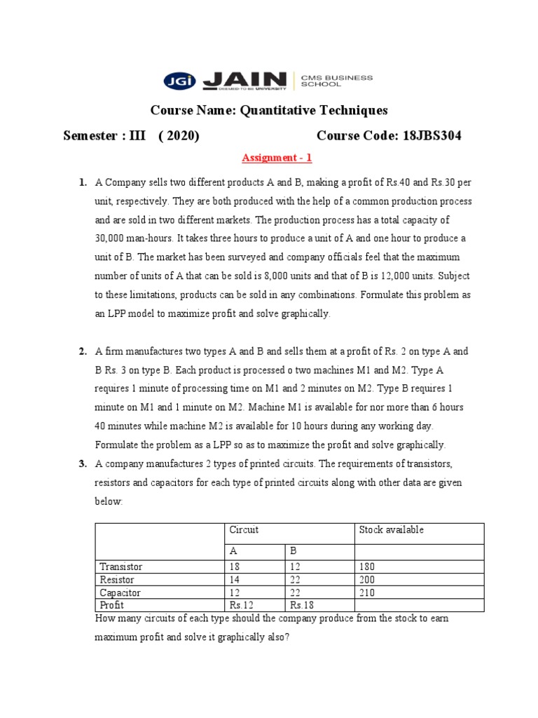 Quantitative Techniques - Assignment 1 Questions | PDF | Business