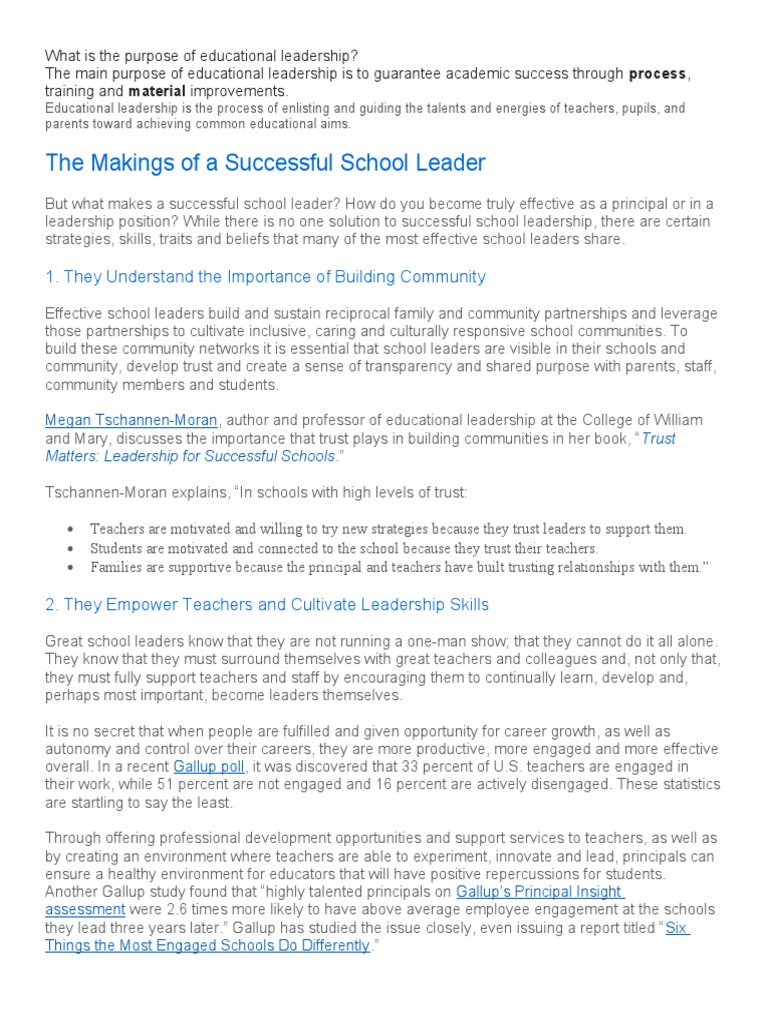 Purpose and Functions of Educational Leadership | PDF | Leadership ...