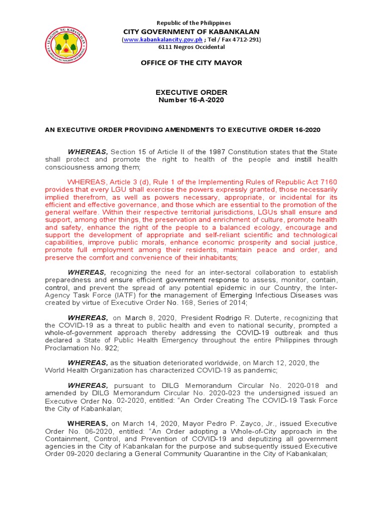 Executive Order 16-A-2020 | PDF | Executive Order | Government
