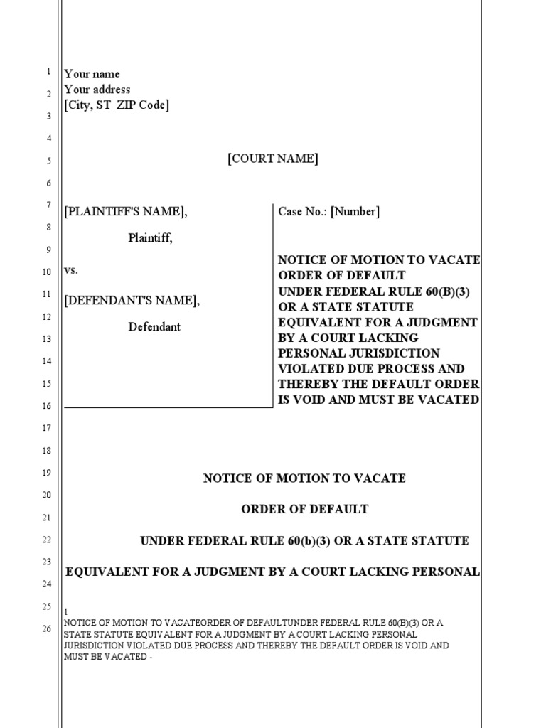 Motion to Vacate Default Order | PDF | Standing (Law) | Fourteenth ...