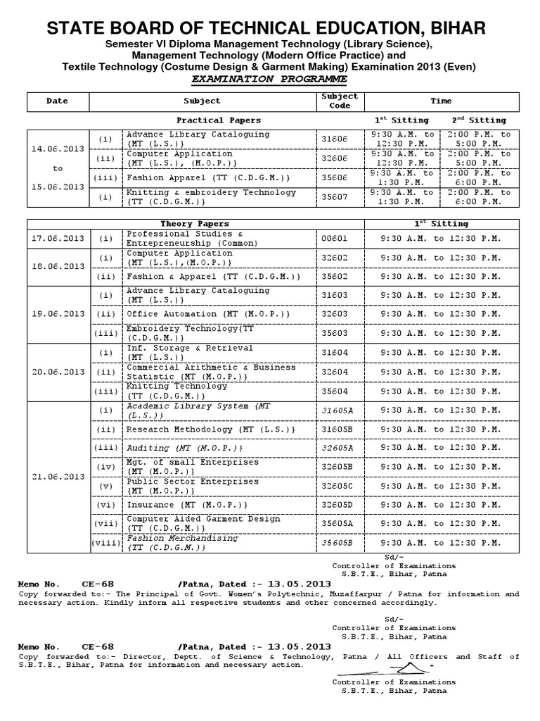 State Board of Technical Education, Bihar: Examination Programme | PDF ...
