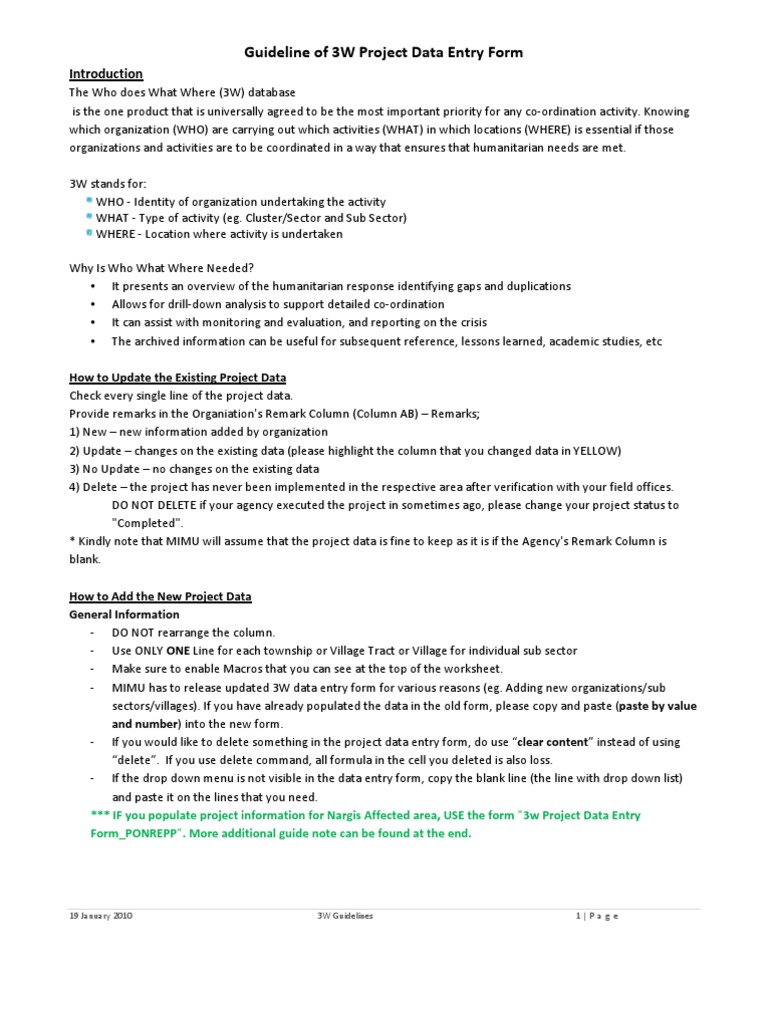Guideline For 3W Project Data Entry Form 19 Jan 10 | PDF | Preventive ...