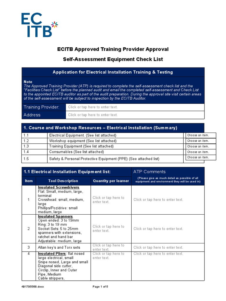 ECITB Approved Training Provider Approval Self-Assessment Equipment ...
