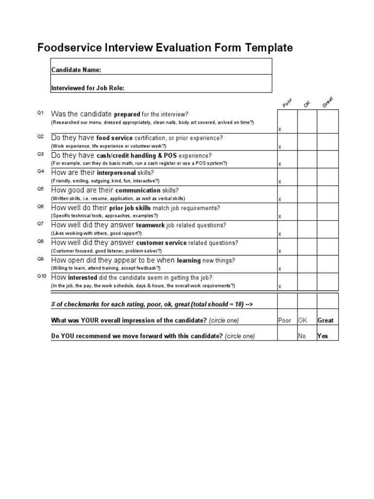 Foodservice Interview Evaluation Template | PDF | Human Communication ...