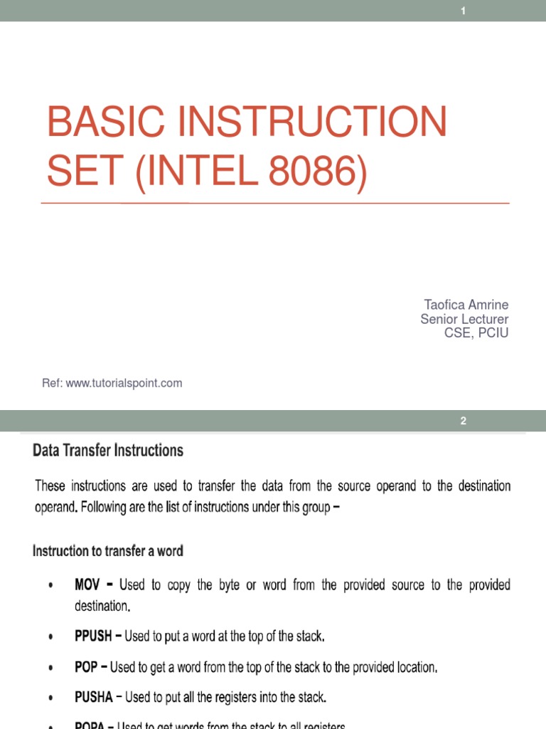 Basic Instruction SET (INTEL 8086) : Taofica Amrine Senior Lecturer Cse ...