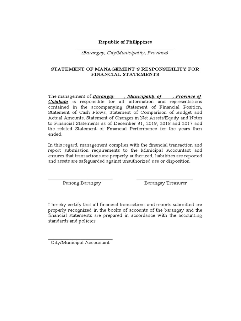 Barangay - Statement of Management Responsibility For The FS | PDF ...