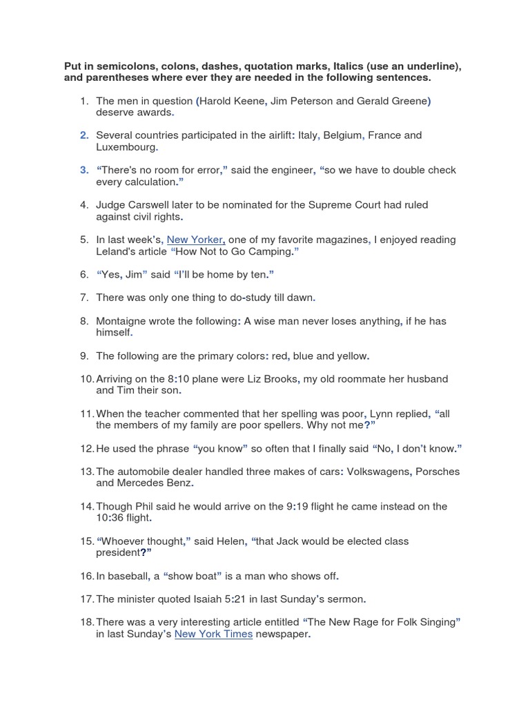 Put in Semicolons, Colons, Dashes, Quotation Marks, Italics (Use An ...