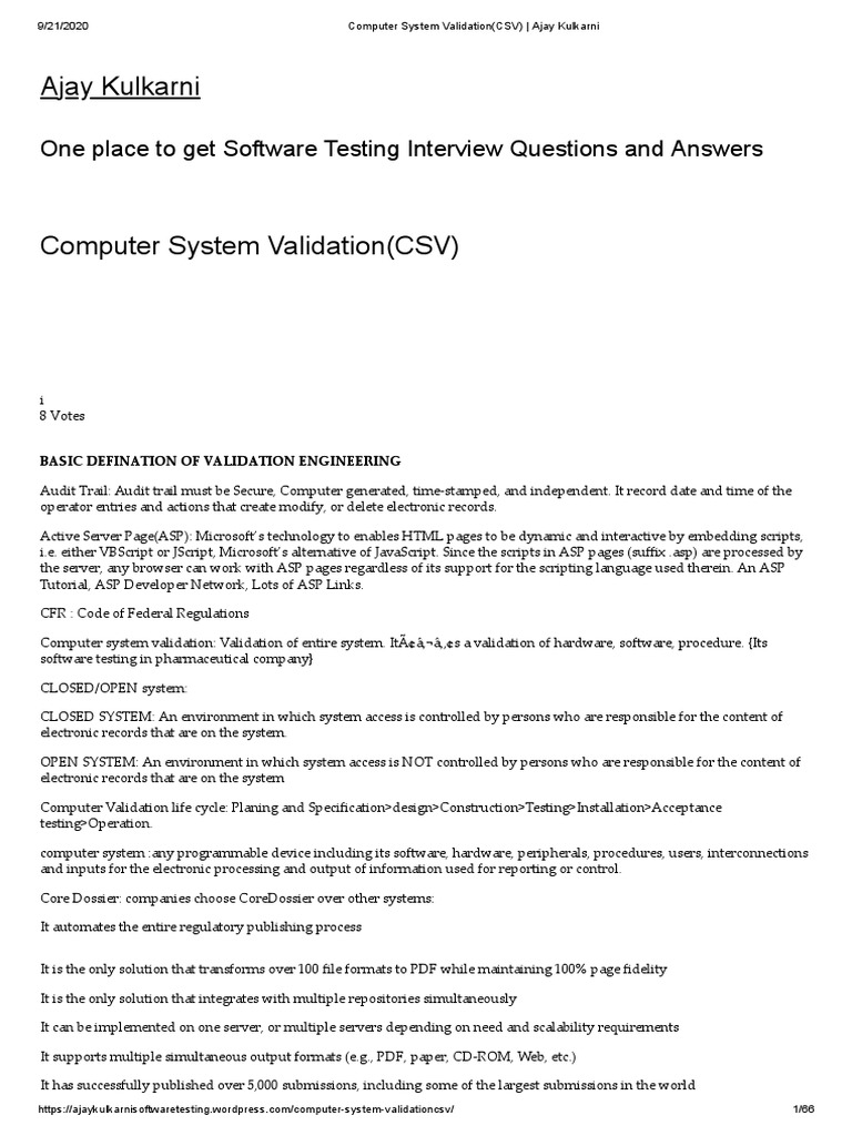 Computer System Validation (CSV) - Ajay Kulkarni | PDF | Verification ...