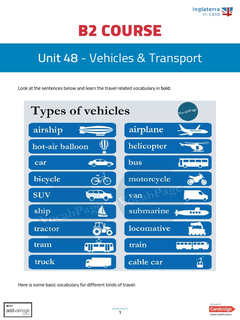 B2 Course: Unit 48 - Vehicles & Transport | PDF | Traffic | Road Transport