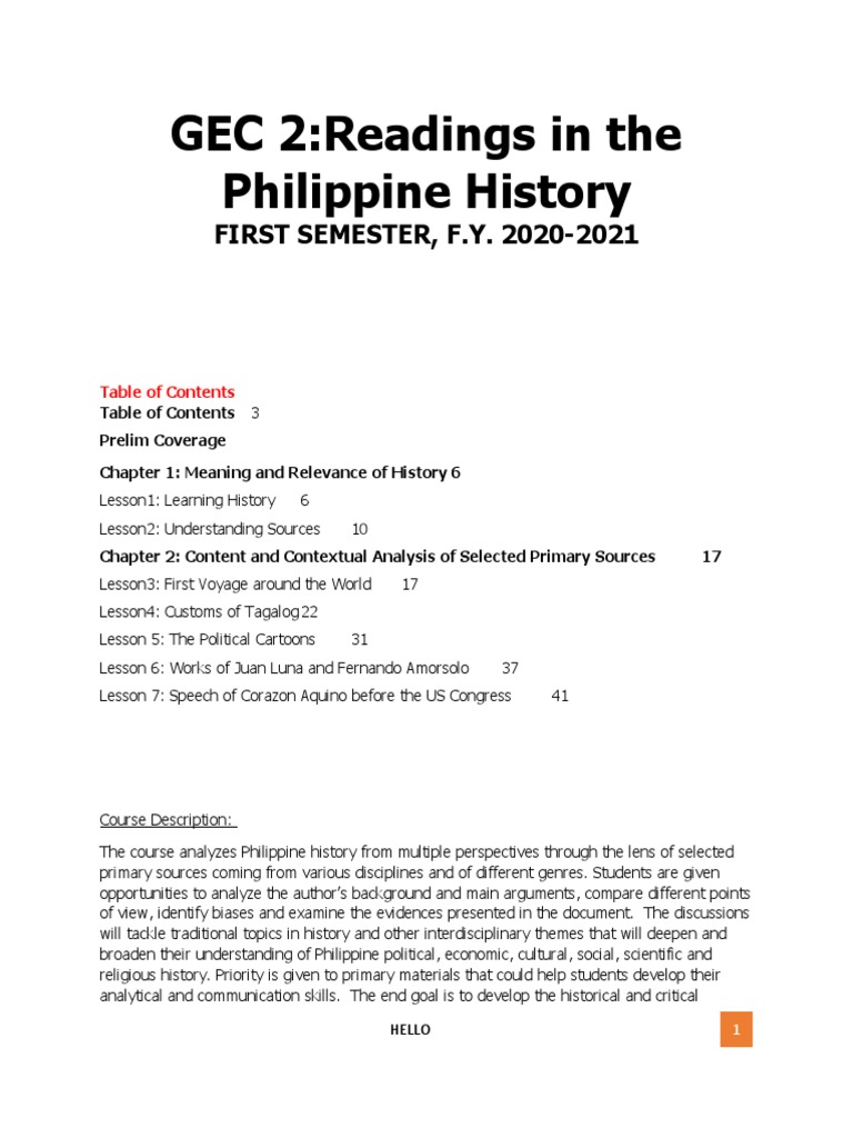 GEC 2:readings in The Philippine History: FIRST SEMESTER, F.Y. 2020-2021 | PDF | Science