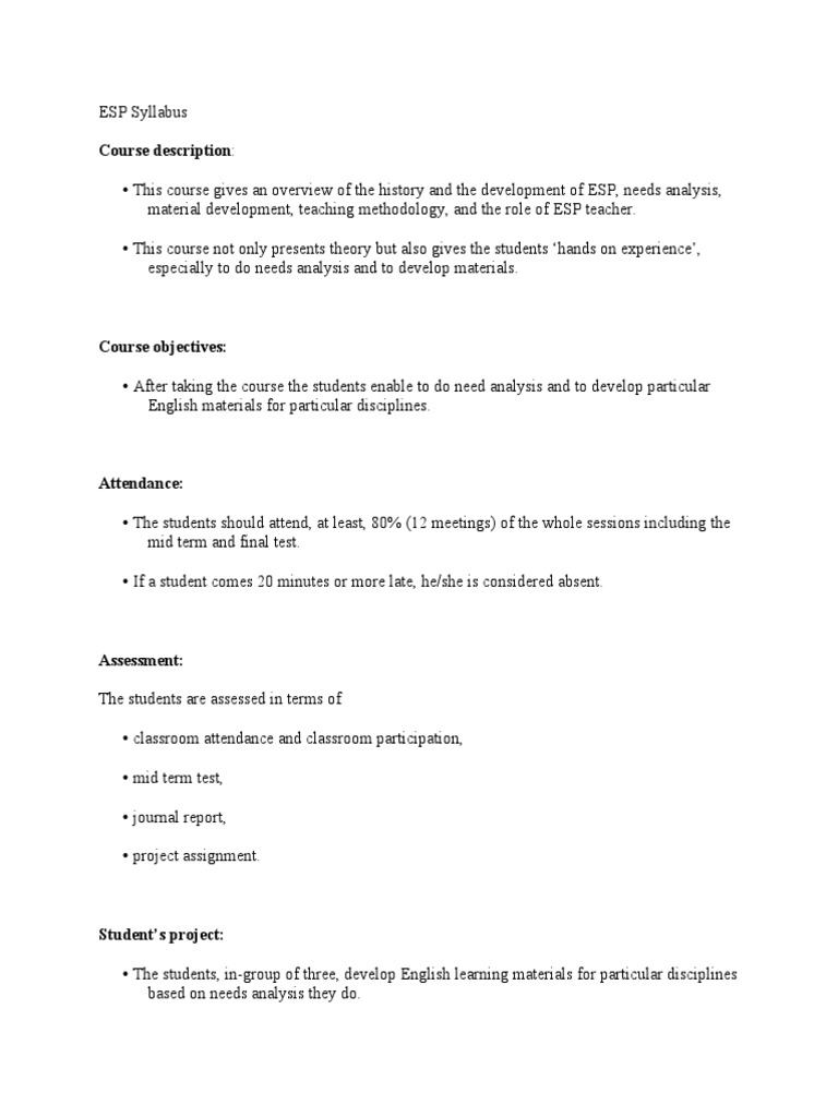 ESP Syllabus | Download Free PDF | Teaching Method | Cognition