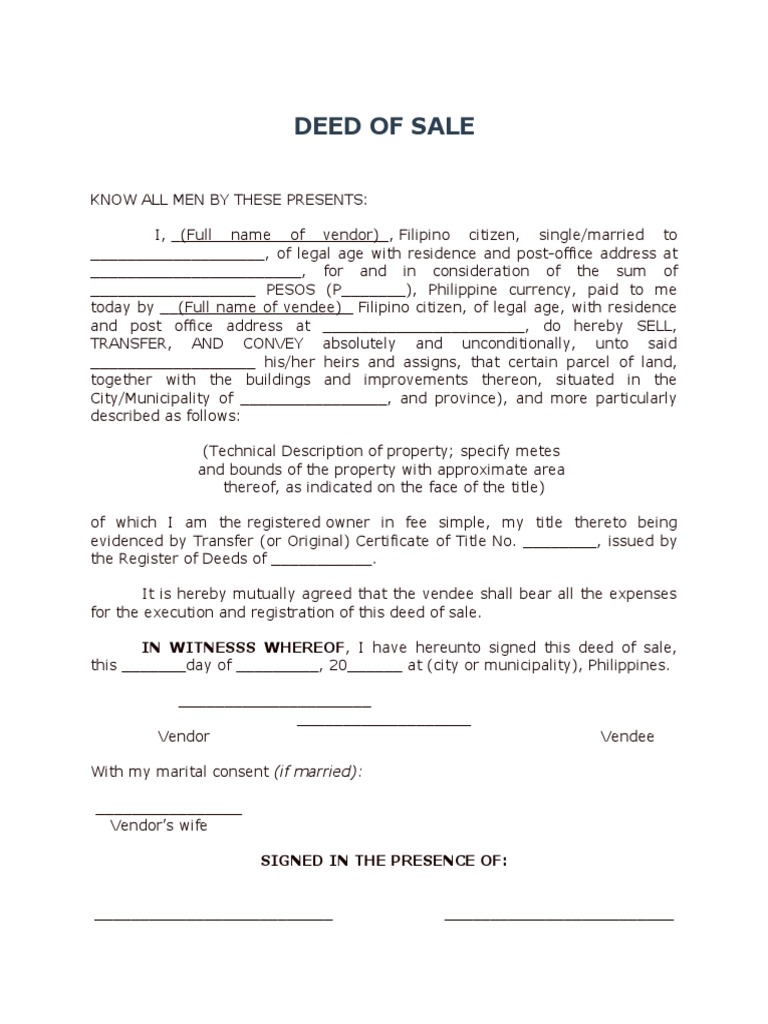 Deed of Sale: Signed in The Presence of | PDF | Common Law | Government