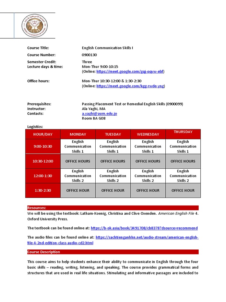Course Title: Course Number: Semester Credit: Lecture Days & Time | PDF ...