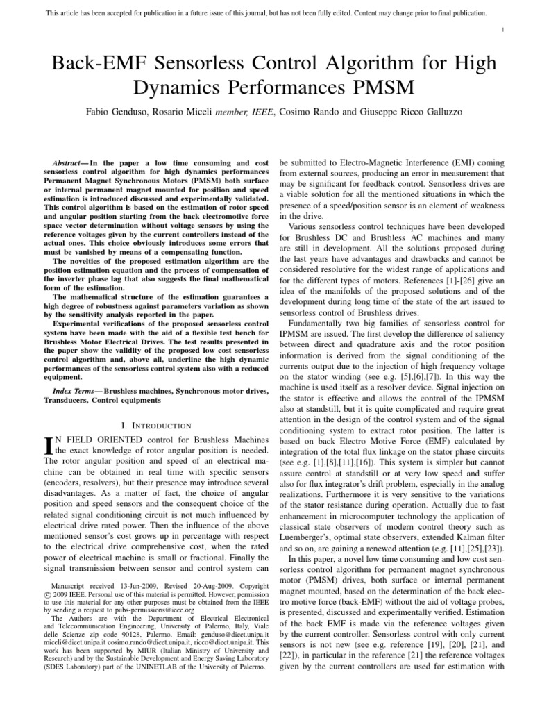 Back-EMF Sensorless Control Algorithm For High Dynamics Performances PMSM | PDF | Control Theory ...