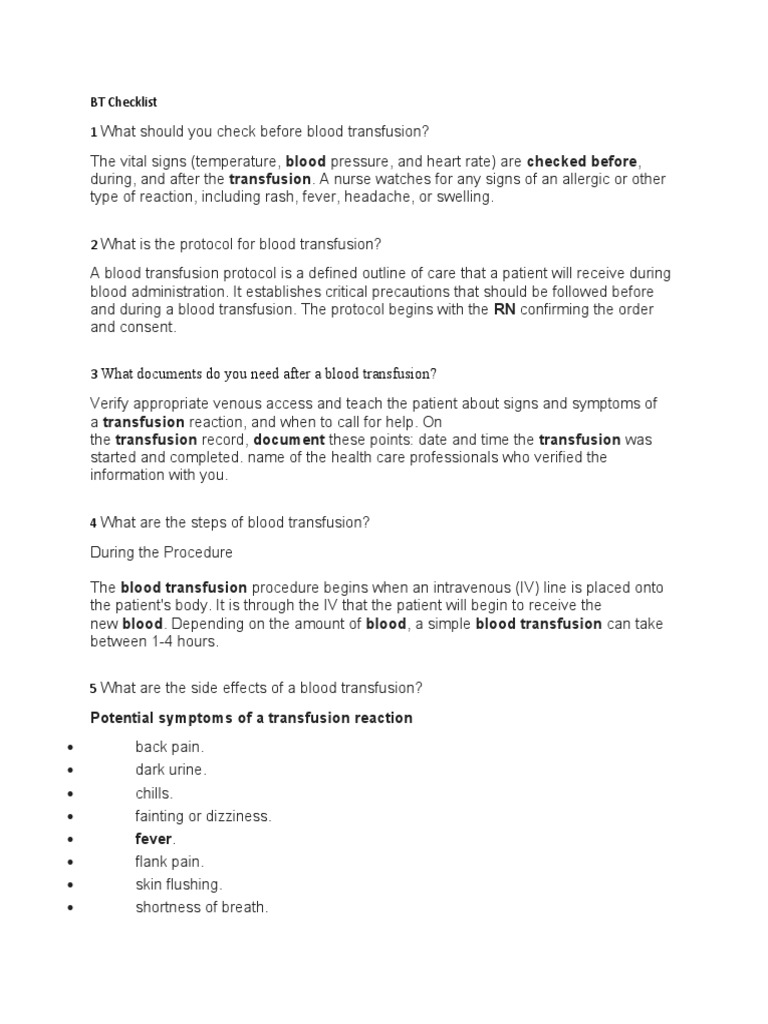 What Documents Do You Need After A Blood Transfusion?: BT Checklist 1 ...