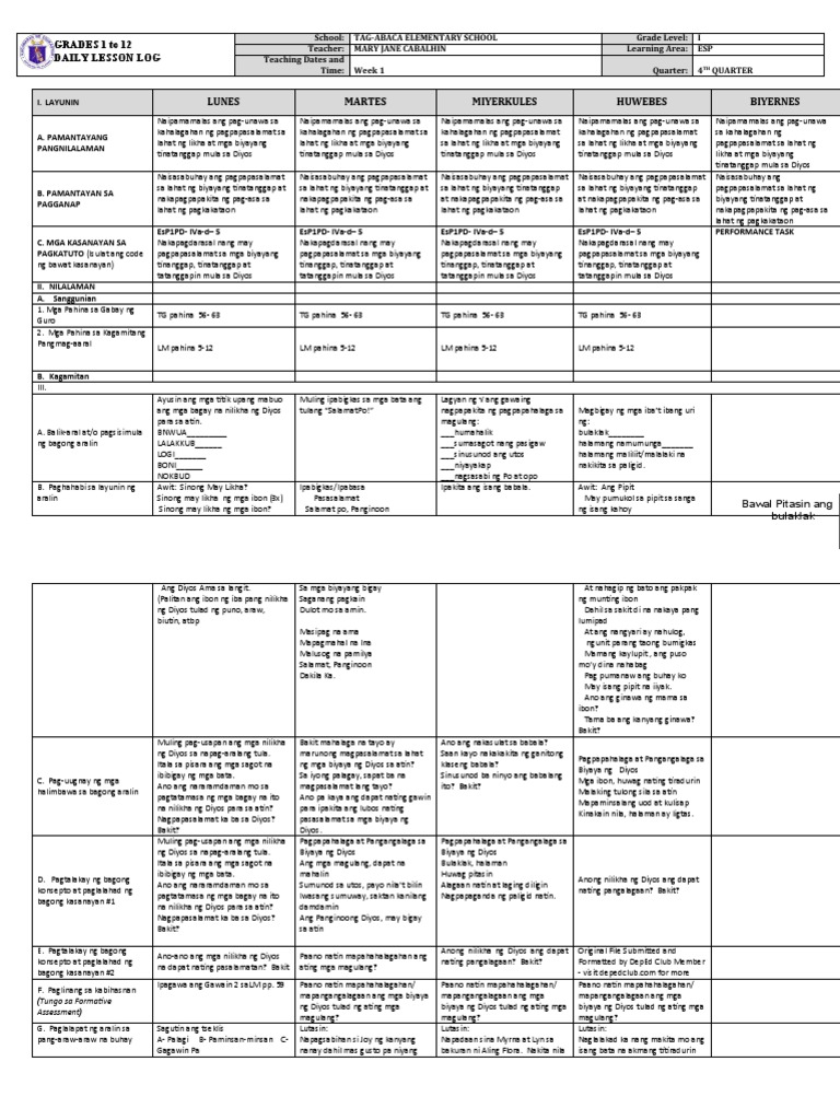 Grade 1 DLL ESP Q4 Week 1 | PDF