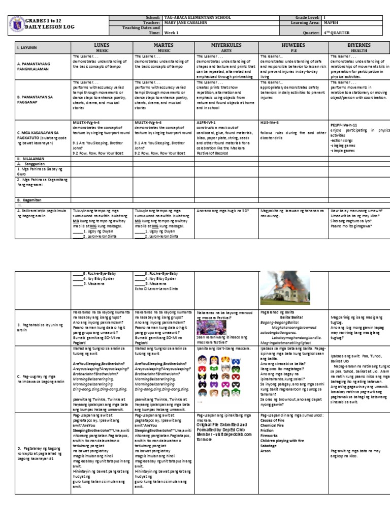 Daily Lesson Log for MAPEH Grade 1 | PDF | Differentiated Instruction ...
