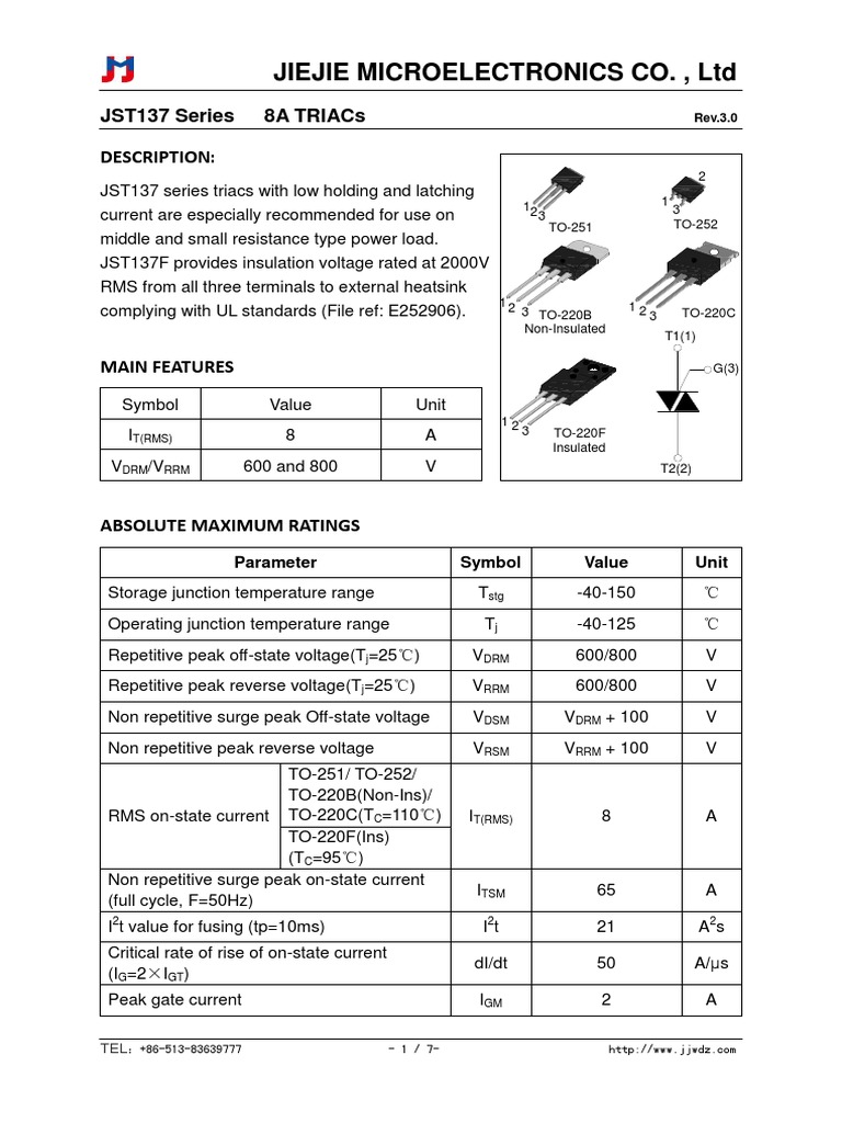 Jiejie Microelectronics Co., LTD: Jst137 Series 8A Triacs Description | PDF | Electronics ...