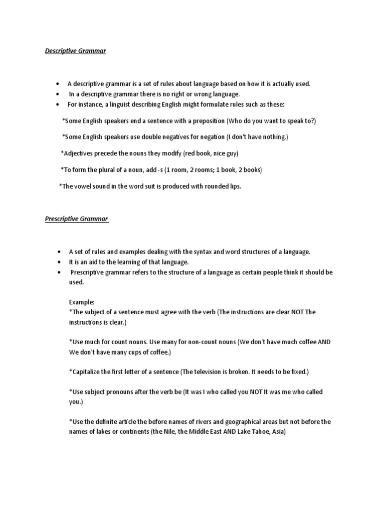 Descriptive Grammar Vs Prescriptive Gram | PDF | Grammar | Noun