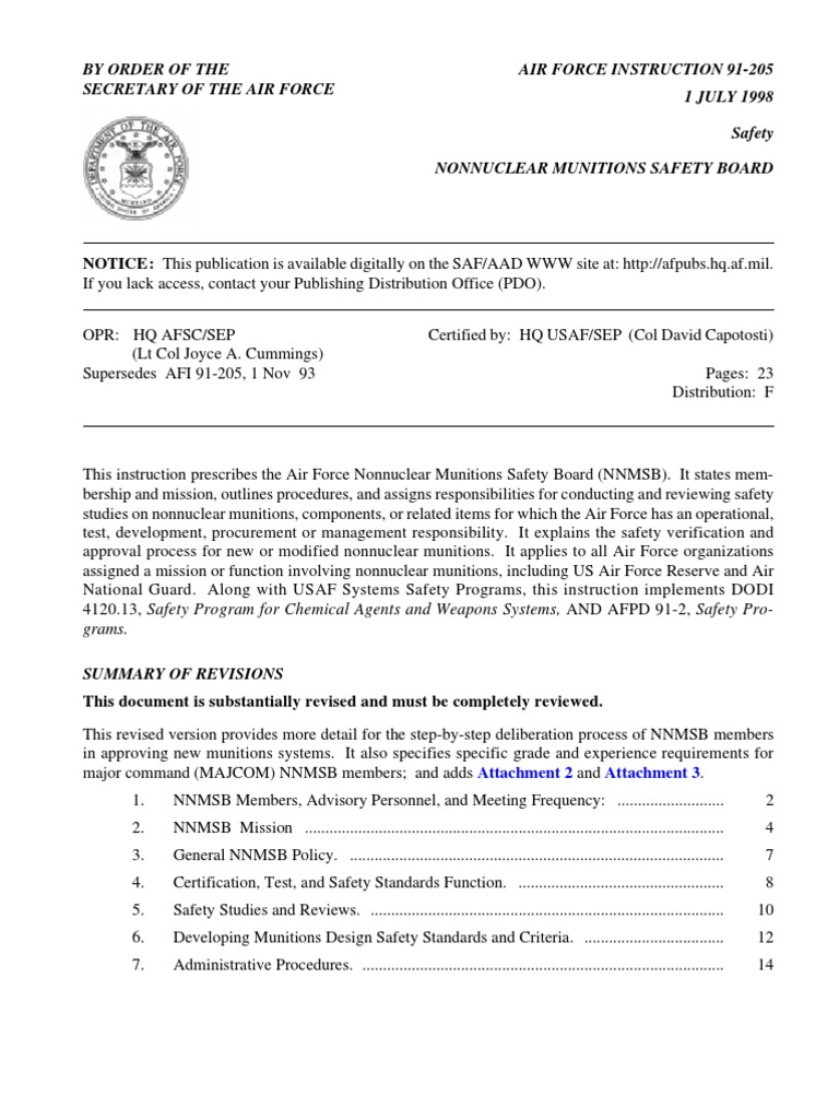 By Order of The Secretary of The Air Force Air Force Instruction 91-205 ...